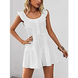 Umenlele Women's Summer Tiered Ruffle Hem Cap Sleeve Short Jumpsuit Romper White Medium