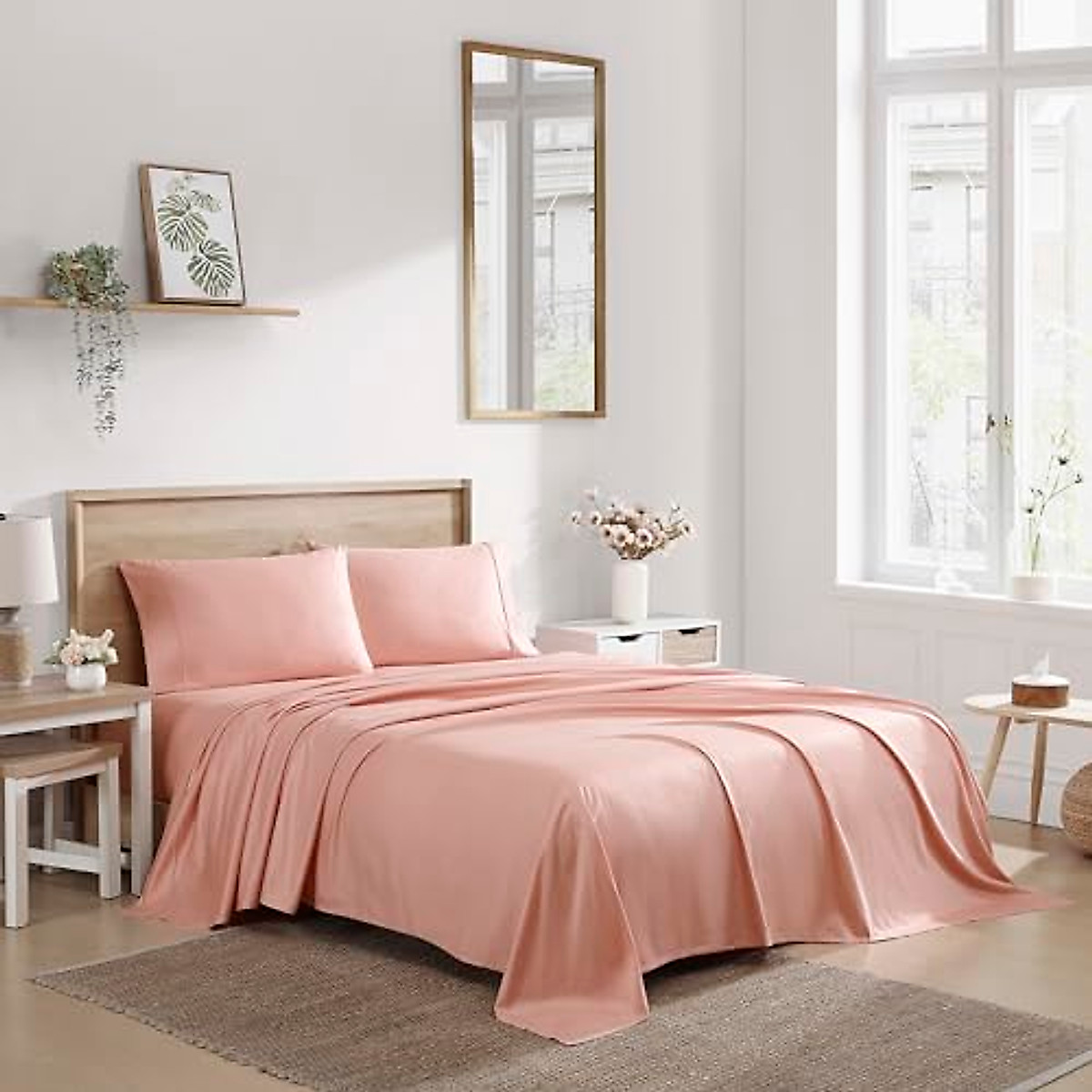 Brielle Home 400 Thread Count Sheets Solid 100% Cotton Cooling Hotel Quality with Deep Pockets Sateen Sheet Set 4 Pieces, King, Rose