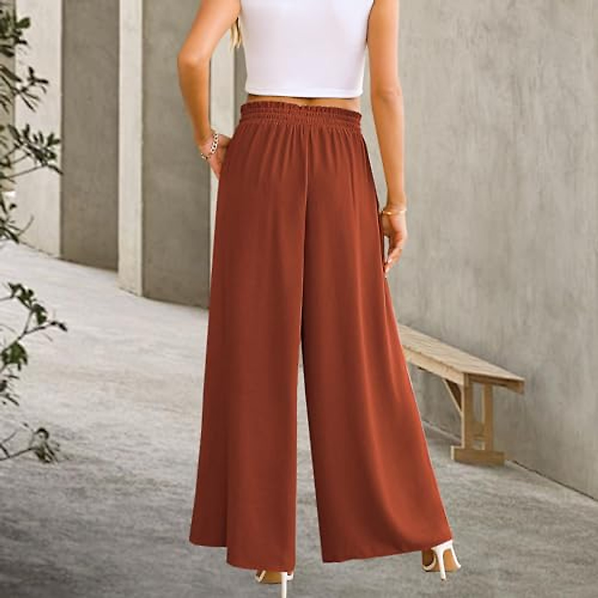 YuYukan Palazzo Pants for Women Casual Elastic Waist Drawstring Comfy Loose Lounge Wide Leg Boho Flowy Pants for Women Vacation Caramel X-Large