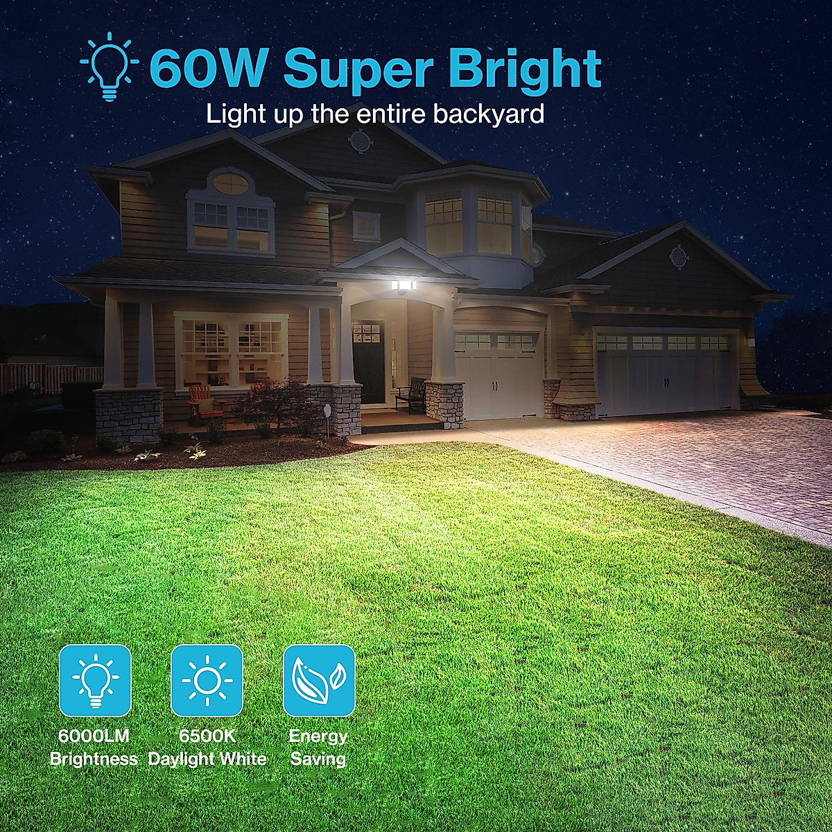 Olafus 60W Flood Lights Outdoor 2 Pack, Switch Controlled LED Security Lights 6000LM, 6500K Outside Floodlight, IP65 Waterproof Exterior Light Fixture for House, Yard, Garage, Wall/Eave Mount Brown