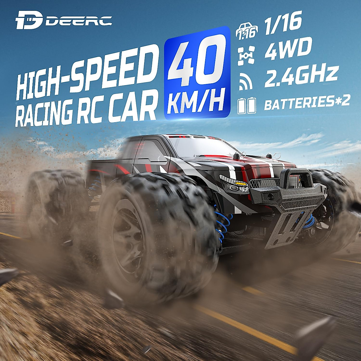 DEERC Remote Control Car High Speed RC Cars for Kids Adults 1:16 Scale 40 KM/H 4WD Off Road Monster Trucks,2.4GHz All Terrain Toy Trucks with 2 Rechargeable Battery
