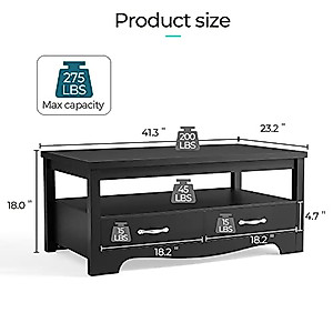 LINSY HOME Farmhouse Coffee Table with Storage, Wood Coffee Table for Living Room, Open Display Area and Storage Drawers with Metal Handles, Chic Style with Curved Base, Black
