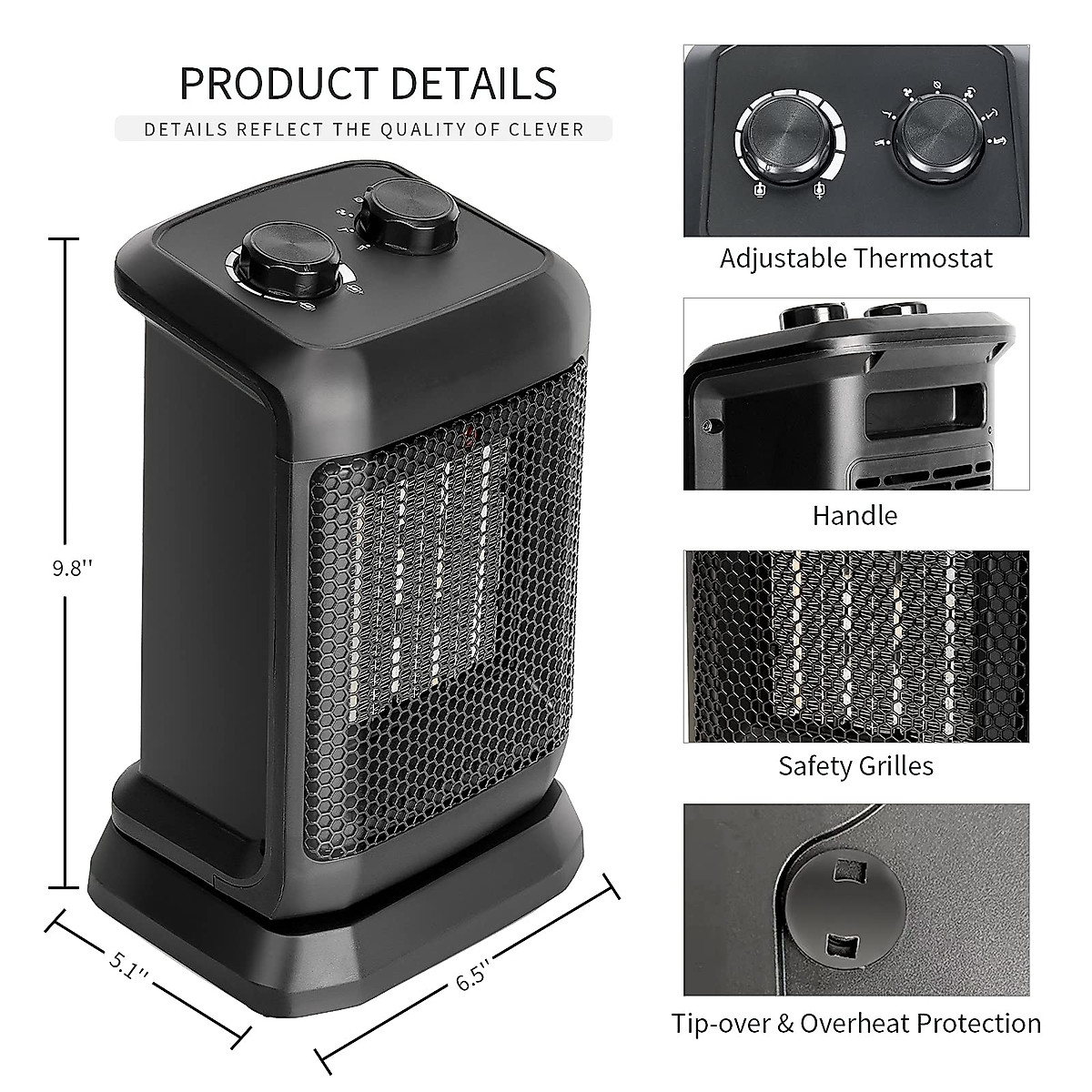 EVELYN Oscillating Space Heater, 1500W Electric Heaters Portable with Thermostat, Safe and Quiet, PTC Fast Heating Ceramic Room Small Heater Fan for Home Office Indoor Use