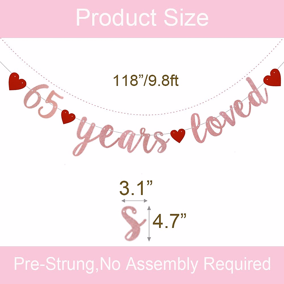 65 Years Loved Banner, Pre-Strung,Rose Gold Glitter Paper Garlands for 65th Birthday / Wedding Anniversary Party Decorations Supplies, No Assembly Required,Rose Gold,SUNbetterland