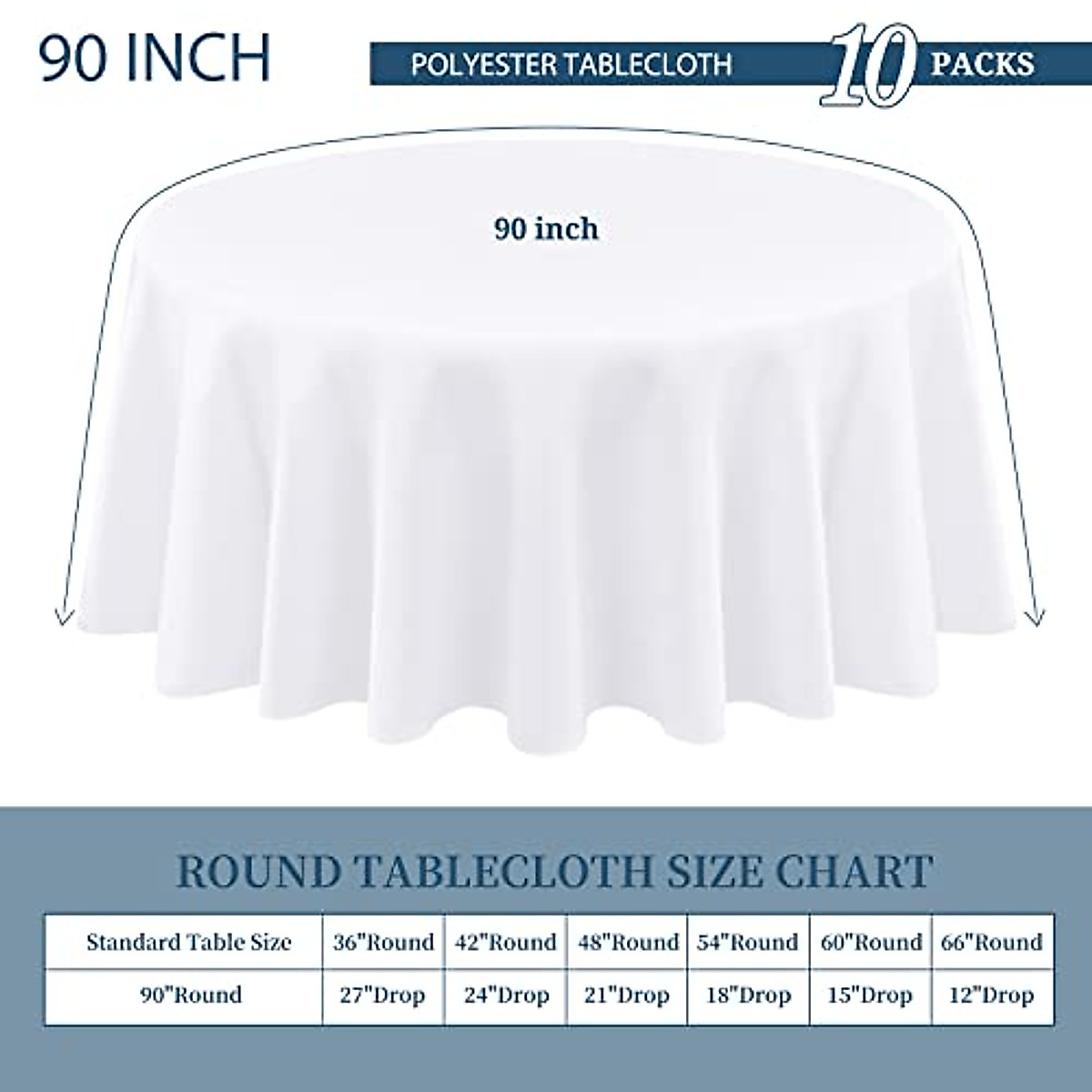 10 Packs Premium Round Tablecloth 90 Inch White Polyester Table Cloth Bulk Washable Polyester Fabric Tablecloths Table Cover for Wedding Party Banquet Buffet Table Holiday Dinner (White, 90 Inch)