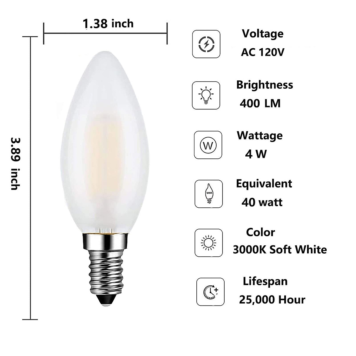 E14 LED Candelabra Bulb 40W Equivalent 4W Dimmable LED Candle Light Bulbs, 3000K Soft White 400 Lumen E14 Frosted Glass Decorative Bulb, 4 Pack