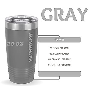 OEZZO Customized Tumblers, Double Wall Personalized Bottles with Splash and Leak Proof Upgraded Slider Lid, Laser Engraved Text on One or Two Sides (20oz, Gray)