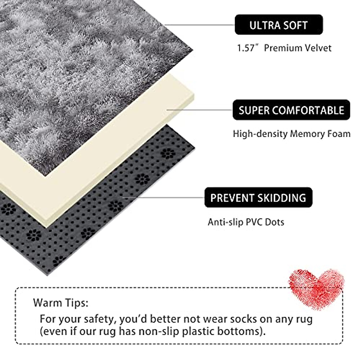 Vocrite Fluffy Rug for Bedroom, Gray 4'x6' Furry Shag Area Carpets, Anti-Slip Plush Shaggy Fur Throw Rugs for Kids Girls Nursery Dorm Living Room Classroom Home Decor,Tie Dyed Light Grey