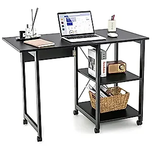 Tangkula Folding Computer Desk, Modern Writing Table w/ 2-Tier Storage Shelves, PC Laptop Study Table Workstation w/ 6 Wheels, Space Saving Compact Home Office Desk for Small Apartment (Black)