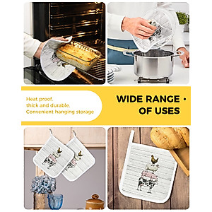 Pot Holders Set of 2,Cow Pig Sheep Chicken Farm Animal Potholder for Kitchen Heat-Proof Hot Pads,Vintage White Wooden Board Hot Mats Potholders for Cooking Baking BBQ