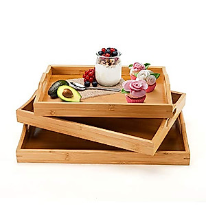 3 Pack Bamboo Serving Tray with Handles, Food Trays for Coffee Breakfast Dinner Tea, Rectangular Wooden Decor Tray Used in Kitchen, Dining Room, Party, Restaurants (Natural)