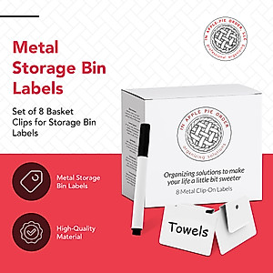 Labels for Storage Bins | Metal Storage Bin Labels (2.5” x 3.5”) - Set of 8 Basket Clip On Labels for Storage Bins w/Non-Slip Grip Pads & Dry Erase Marker - Removable Bin Labels for Storage Bins
