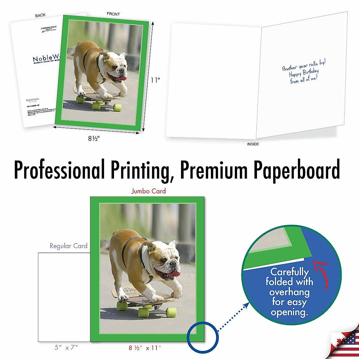 NobleWorks - Hilarious Happy Birthday Card with Envelope (8.5 x 11 Inch) - Funny Animal Greeting Card From All Of Us - Skating Bulldogs - Green Wheels J9517EBDG-US