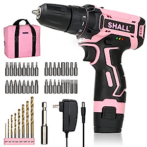 SHALL 43-Piece Pink Cordless Drill Set, 12V Electric Drill, 3/8" Keyless Chuck, 2Ah Li-ion Battery, 8 HSS Drill Bits & 32 Screwdriver Bits Included, for Drilling Wood/Metal, Women DIY Projects