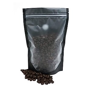 QQ Studio 50 Food Safe Coffee Pouches with Zipper Seal Stand Up Bottom Gusset and One Way Degassing Valve for Coffee Packaging (Semi-Clear & Black)