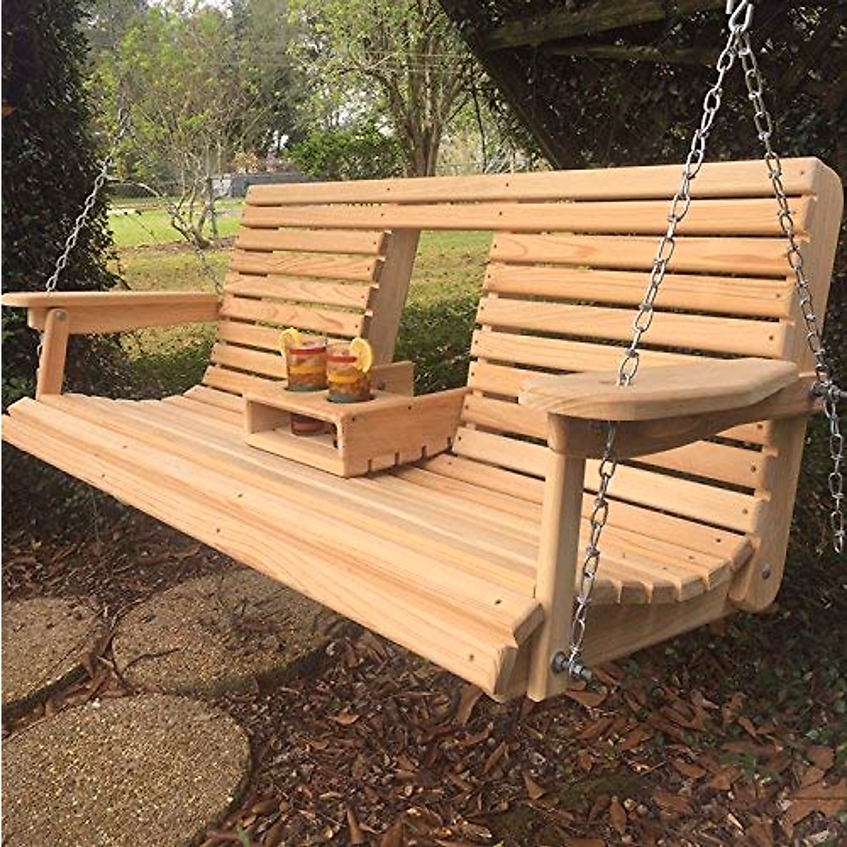 5 Ft Cypress Porch Swing with Flip Down Console Cup Holders & Unique Adjustable Seating Angle