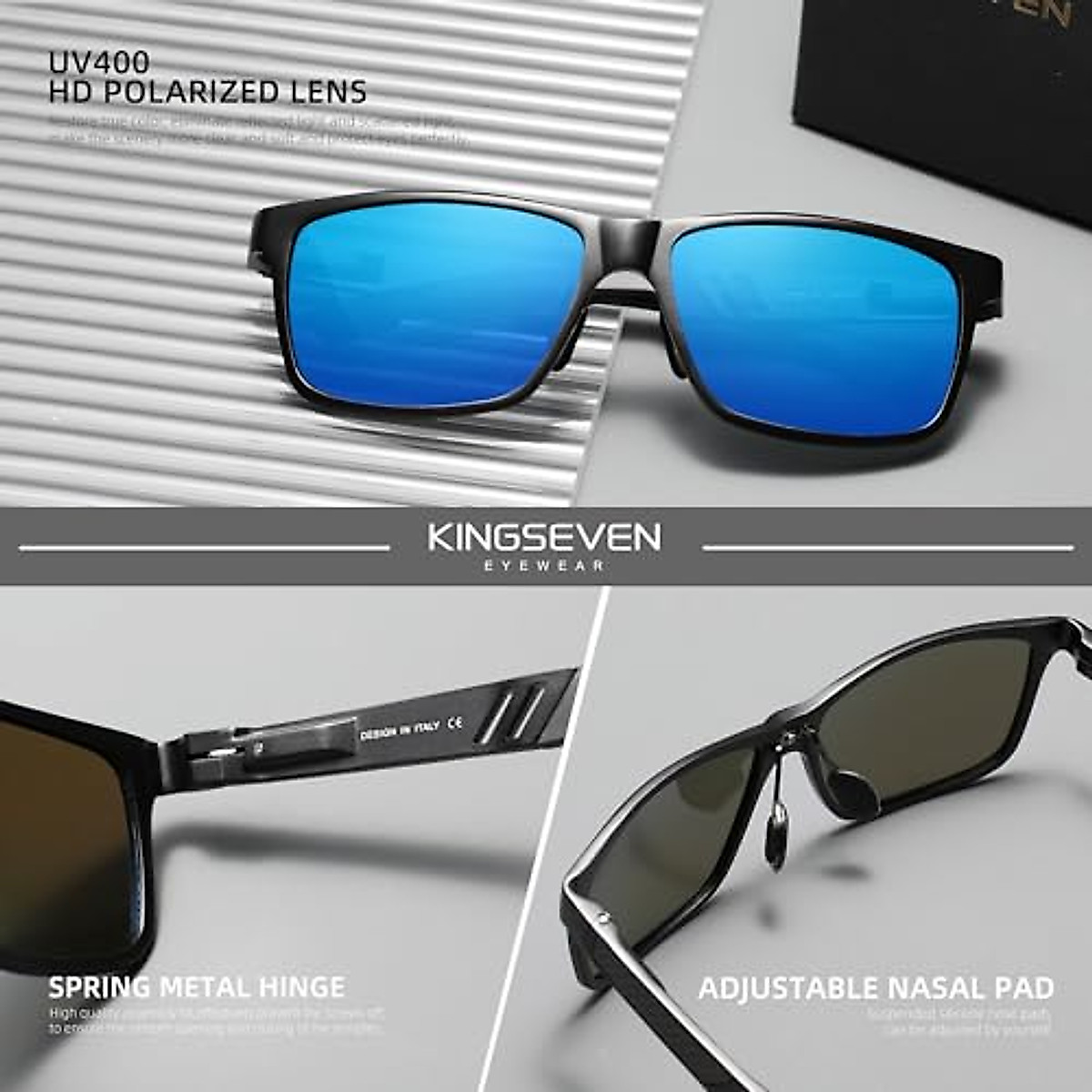 KINGSEVEN Men Polarized Sunglasses Aluminum Magnesium Sun Glasses Driving Glasses Rectangle Shades For Men Oculos masculino (Black Blue)