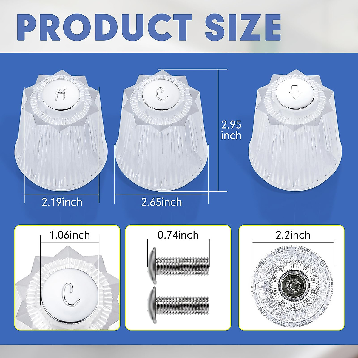ZephyrJazz Bathtub and Shower 3 Piece Windsor Replacement Handles for Price Pfister Systems, 12 Point Broach,3 Piece Set of Hot, Cold, Diverter, Clear Acrylic