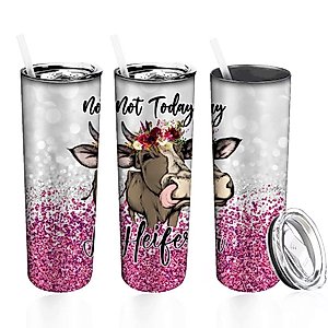 Homega Heifer Straight Tumbler Mug 20oz Cow Skinny Travel Mug Not Today Heifer Vacuum Insulated Coffee Cups Pink Double Wall Thermal Water Bottle for Car Travel Work Sport