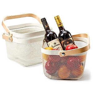 EZOWare Set of 3 Metal Mesh Steel Baskets with Wood Handle, Fruit Vegetable Wire Storage Organizer Bins for Kitchen Bathroom Pantry Organization, Garden, Picnic - White