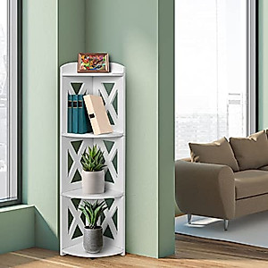 NHZ Corner Shelf Stand, Wood Corner Bookshelf, Corner Bookcase and Plant Stand (White, 4 Tier)