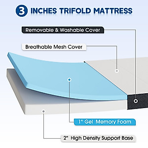 Capacmkseh 3/4 inch Tri Fold Folding Mattress with Cover, Cooling Gel Memory Foam Mattress for a Cool Sleep & Pressure Relief, Medium Firm Mattress Pad Mattresses, Bed in a Box, CertiPUR-US Certified