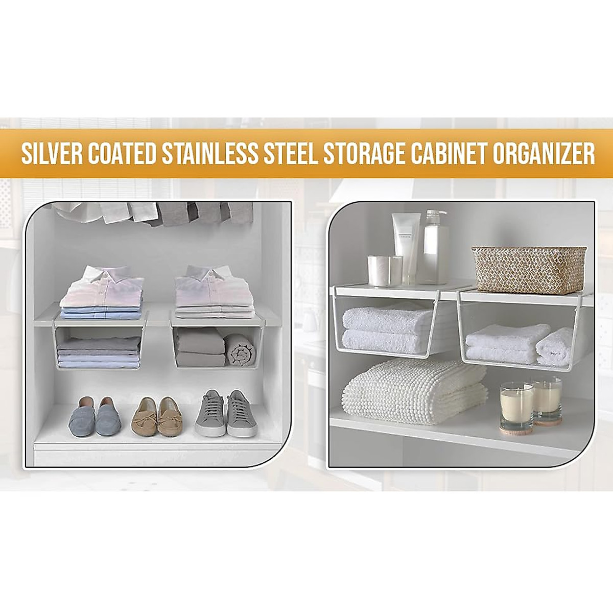 YBM Home Under Shelf Basket (2-Pack) Mesh Stainless Steel Storage Under Cabinet Hanging Basket Rack Maximize Space in Cabinets, Pantry Room, Bathroom, Laundry Room, and More, 1131