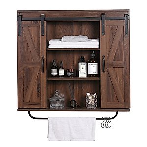 RUSTOWN Rustic Wood Wall Storage Cabinet with Two Sliding Barn Door, 3-Tier Decorative Farmhouse Vintage Cabinet for Kitchen Dining, Bathroom, Living Room, Dark Walnut