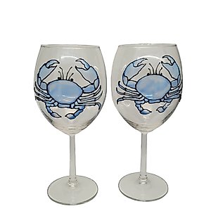Blue Crab Hand Painted Stained Glass Stemmed Wine Glasses Set of 2