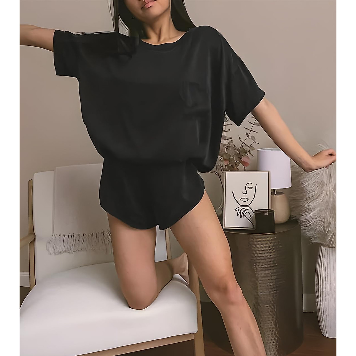 YAWJET Short Sleeve Pjs for Women Silk Satin Pajamas Set Soft Satin Two-piece Sleepwear Silky Loose Loungewear Shorts Set(Black, Large)