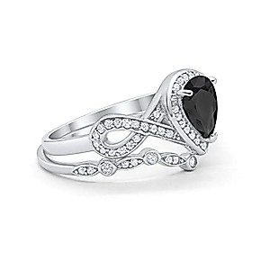 Teardrop Bridal Set Art Deco Wedding Engagement Ring Band Pear RoundSimulated Black Cubic Zirconia 925 Sterling Silver Size-7