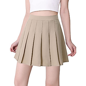 Hoerev Beige Mini Plaid Pleated Skater Tennis School Uniform Skirt with Lining Shorts,US 2