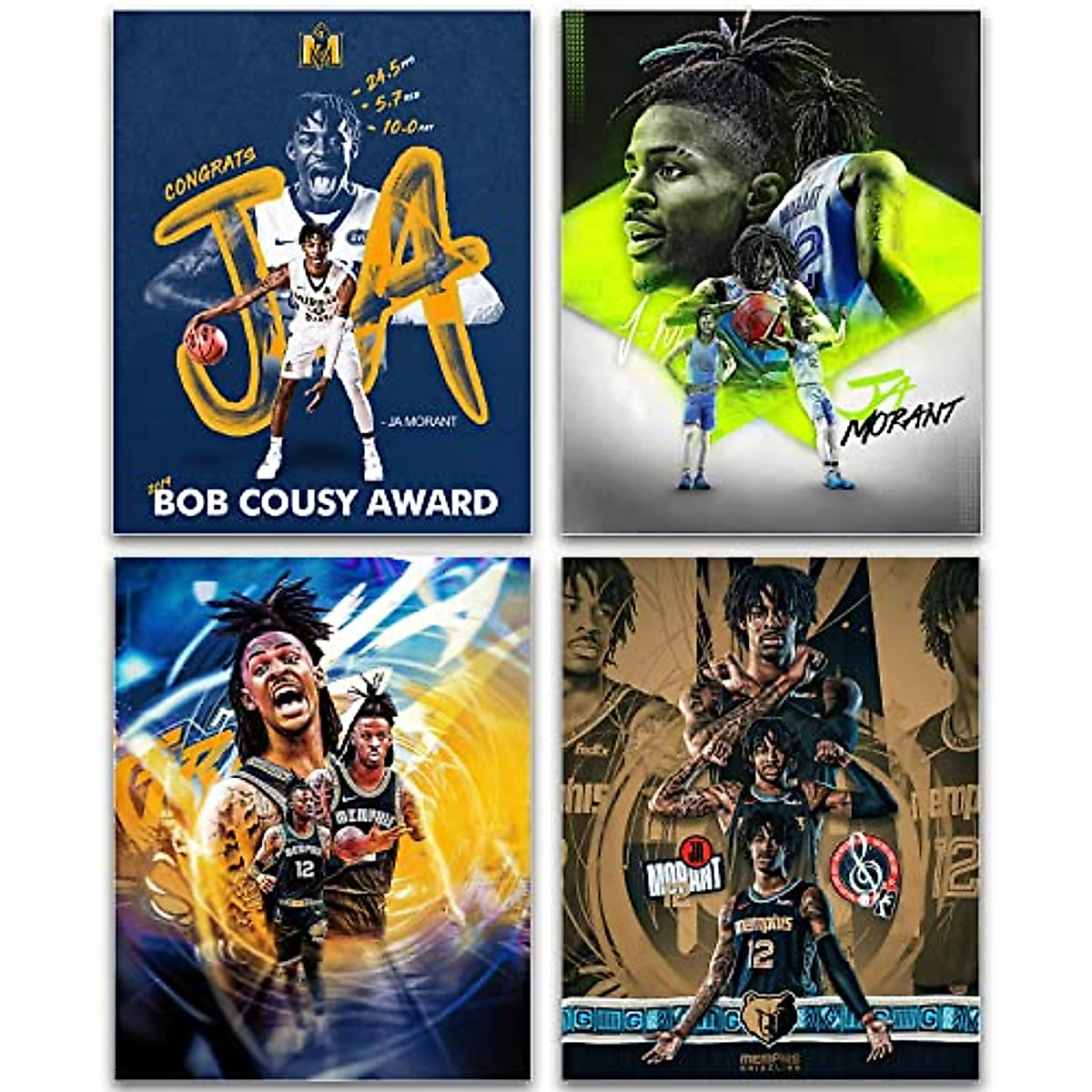 Ja Morant Art Posters, Inspirational Basketball Wall Art, Fun Ja Morant Wall Art for Man Cave Boys Room Decor, Memphis Grizzlies, Motivational Sports Canvas Art Prints, Set of 4 (8"x10" Unframed)