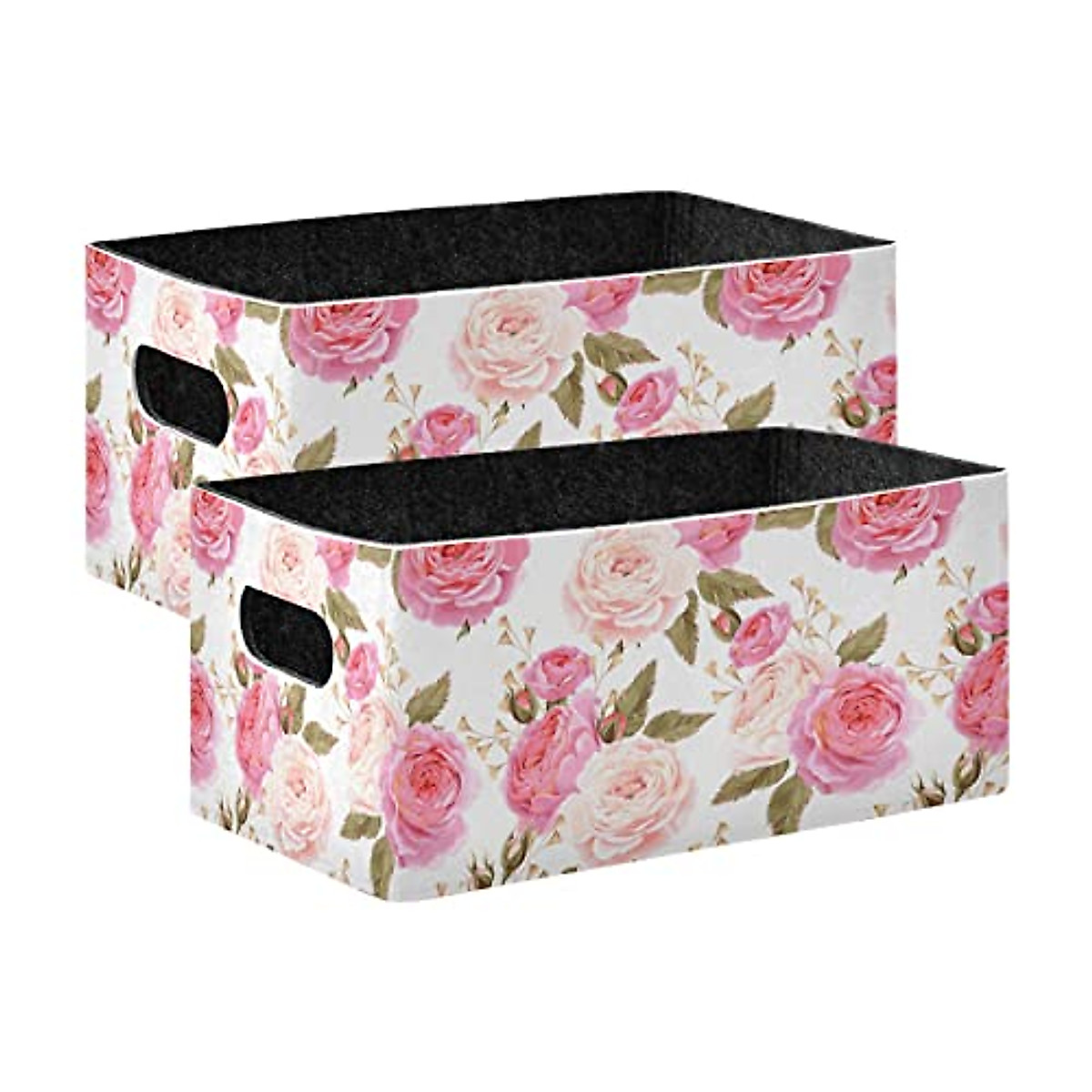 English Roses Flowers Storage Basket Bins Set (2pcs) Felt Collapsible Storage Bins with Handles Foldable Shelf Drawers Organizers Bins for Nursery Toys,Kids Room,Clothes,Towels,Magazine