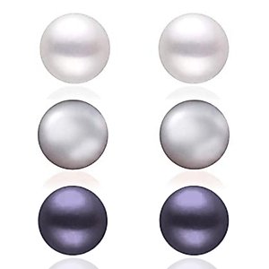 Boxed Set 3 pairs 8mm Genuine Freshwater Cultured Pearl Stud Earrings in 925 Sterling Silver (White, Grey, Peacock Black)
