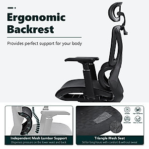 Ergonomic Office Chair, High Back Mesh Executive Chair with Lumbar Support, Adjustable Seat Depth, 3D Armrest & Headrest, Comfy Computer Desk Chair with Metal Base, for Gaming, Hotel, Black