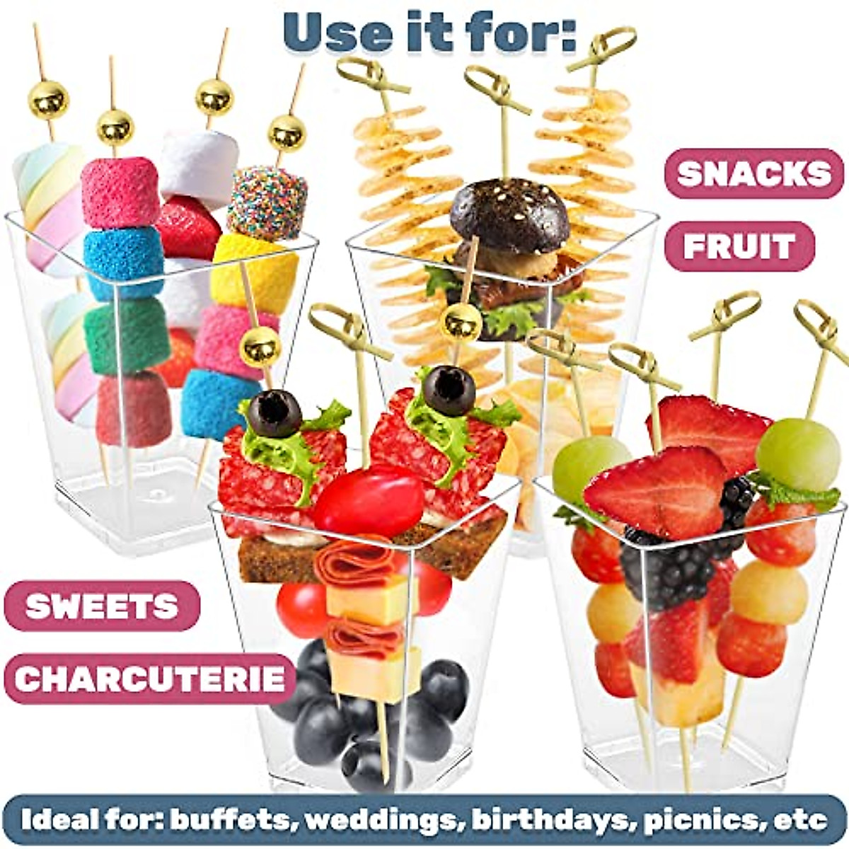 CUSINIUM [50 Cups + 200 Picks 5oz Plastic Charcuterie Cups with Cocktail Picks (2 Types) - Disposable Clear Appetizer Cups