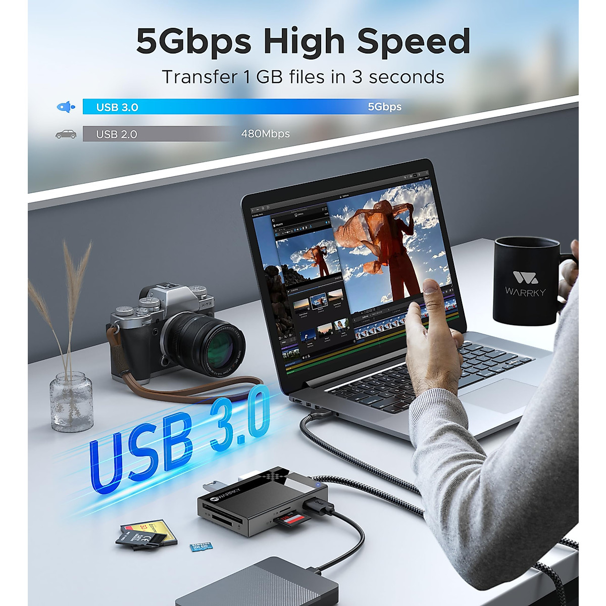 SD Card Reader USB 3.0, WARRKY [2.5FT Nylon Braided, Extra USB 3.0 Ports, 5Gbps] 7 in 1 Memory Card Reader, Micro SD Card Adapter for microSD, SDXC, SDHC, CF, MS, MMC, Micro SDXC/SDHC, UHS-I, More