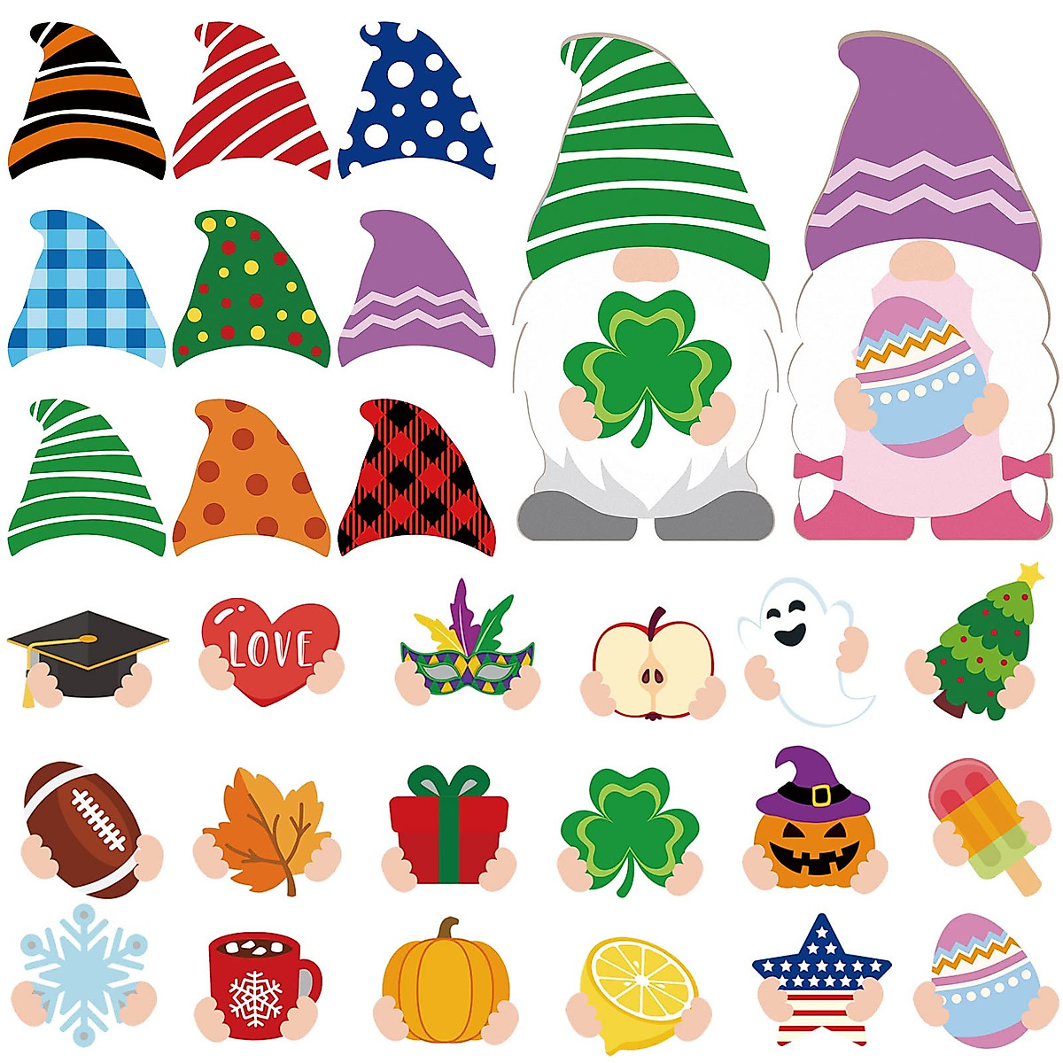 30 Pieces Holiday Interchangeable Easter Wooden Gnome Decor DIY Saint Patrick Seasonal Tiered Tray Decoration with Magnet Swappable Detachable Hats Changeable Welcome Sign for Home