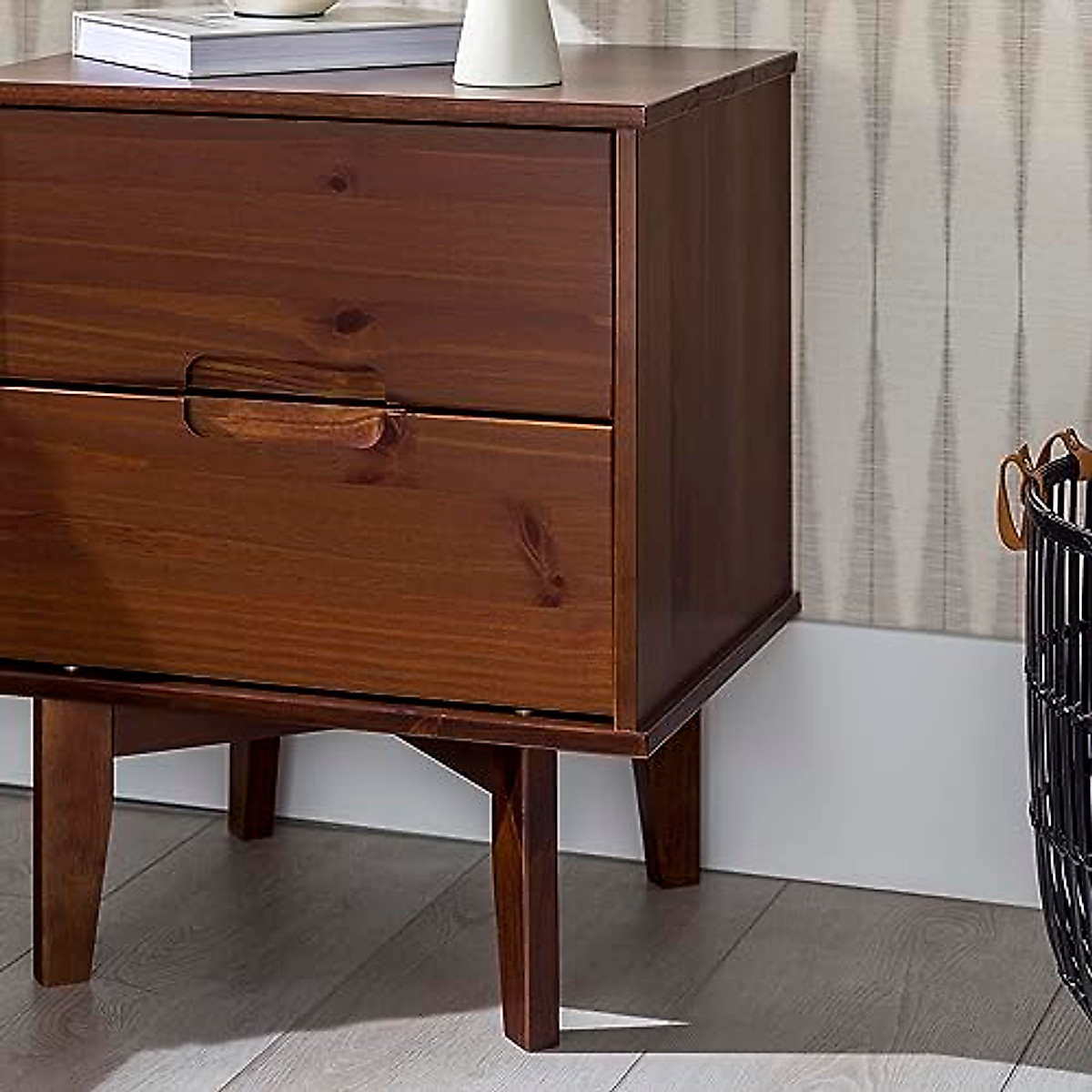 Walker Edison Mid Century Modern Grooved Handle Wood Nightstand Side Table Bedroom Storage Drawer and Shelf Bedside End Table, 2 Drawer, Walnut