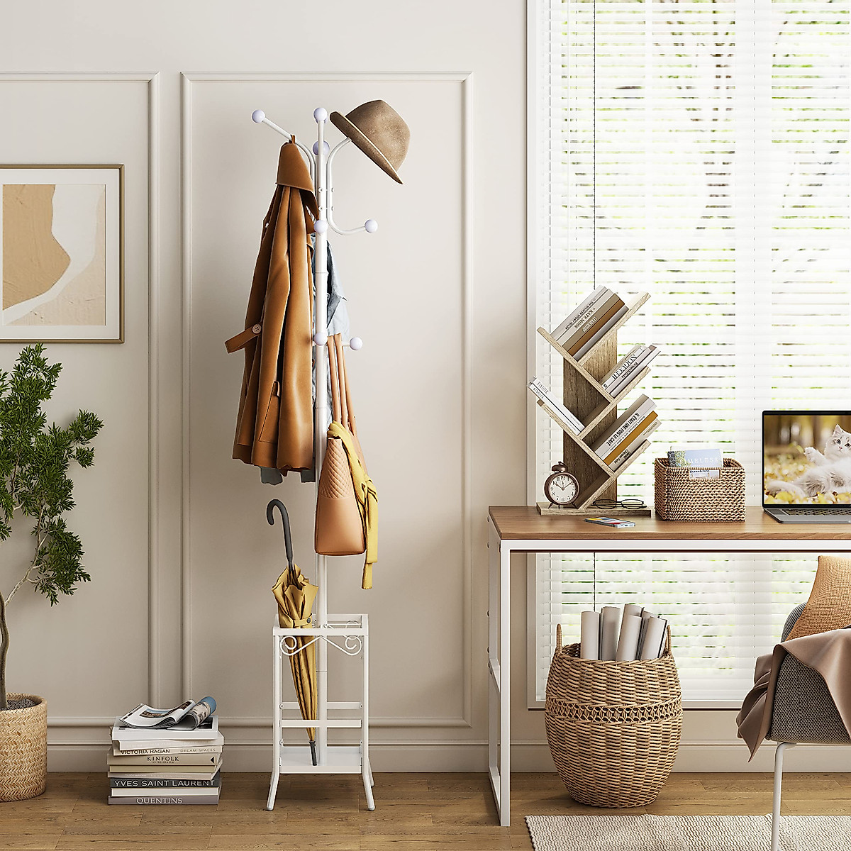 Hoctieon Coat Rack Freestanding, Entryway Coat Hanger Stand, Umbrella Holder, Hall Tree With 12 Hooks, Floor Standing Metal Tree Stand, White