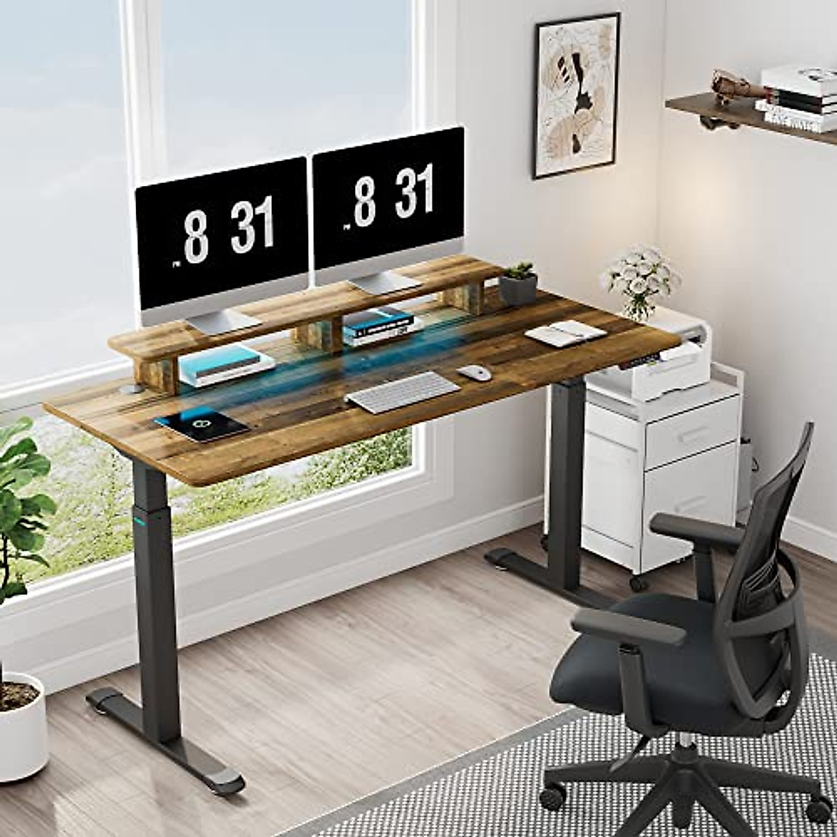 EUREKA ERGONOMIC Electric Standing Desk,63 Inches Height Adjustable Desk,Stand up Desk with Dual Motor,Computer Desk with LED Lights & Double Shelves,Home Office Desk with Monitor Stand,Brown Wood