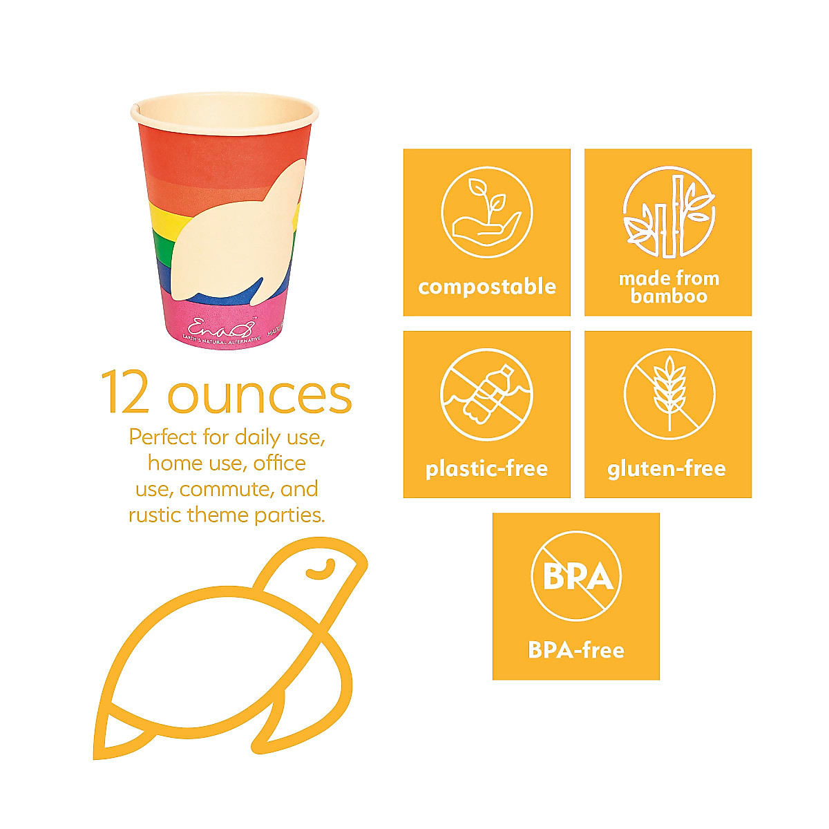 100% Compostable Disposable Coffee Cups with Lids [12oz 80 Pack, Rainbow Pride Edition] Made from Unbleached Bamboo Fiber, Compostable Lids, To Go Coffee Cups with Lids by Earth's Natural Alternative