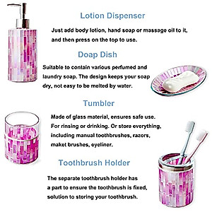 HILHORA Hand Made Bathroom Accessories Set 4Pcs Mosaic Glass Decorative Bathroom Set Includes Soap Lotion Dispenser, Tumbler, Toothbrush Holder, Soap Dish (Pink)