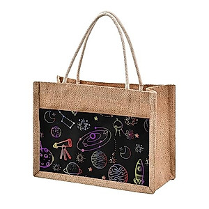 Jute Tote Burlap Bag Planets Galaxy Universe Space Stars Hippie Rainbow Red Purple Gift Bag Women DIY Work Grocery Storage Bag