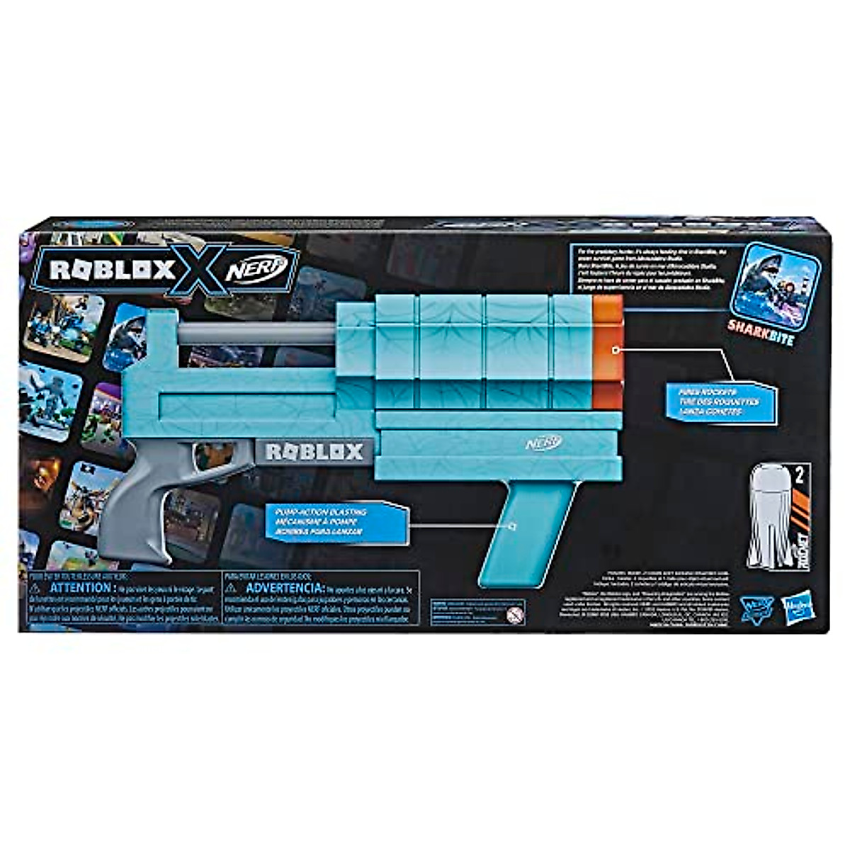 NERF Roblox Sharkbite: Web Launcher Rocker Blaster, Includes Code to Redeem Exclusive Virtual Item, 2 Rockets, Pump Action
