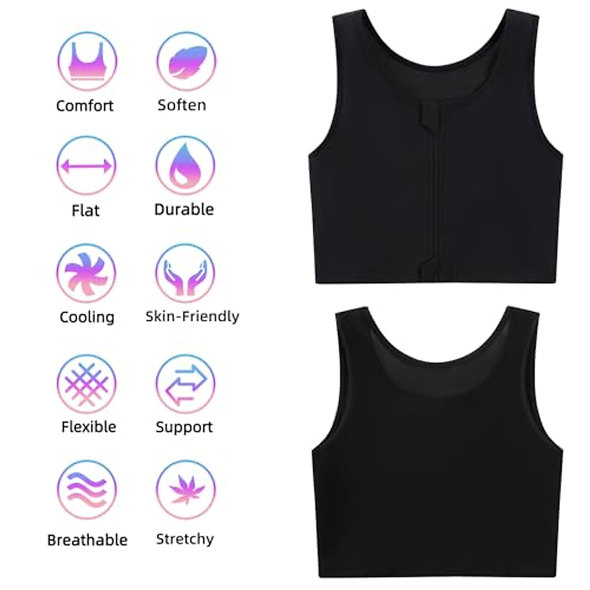 XUJI Women Transgender FTM Zip Up Breathable Half Chest Binder Tank Top (B, 5XL) Black