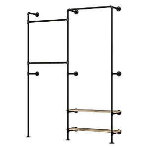 Industrial Pipe Clothing Rack Wall Mounted, Double Hanging Rods Clothes Rack with Shelves, Clothes Rack for Wardrobe, Bedroom and as walk-in Closet System, Heavy Duty Hanging Clothes Rack(Black)