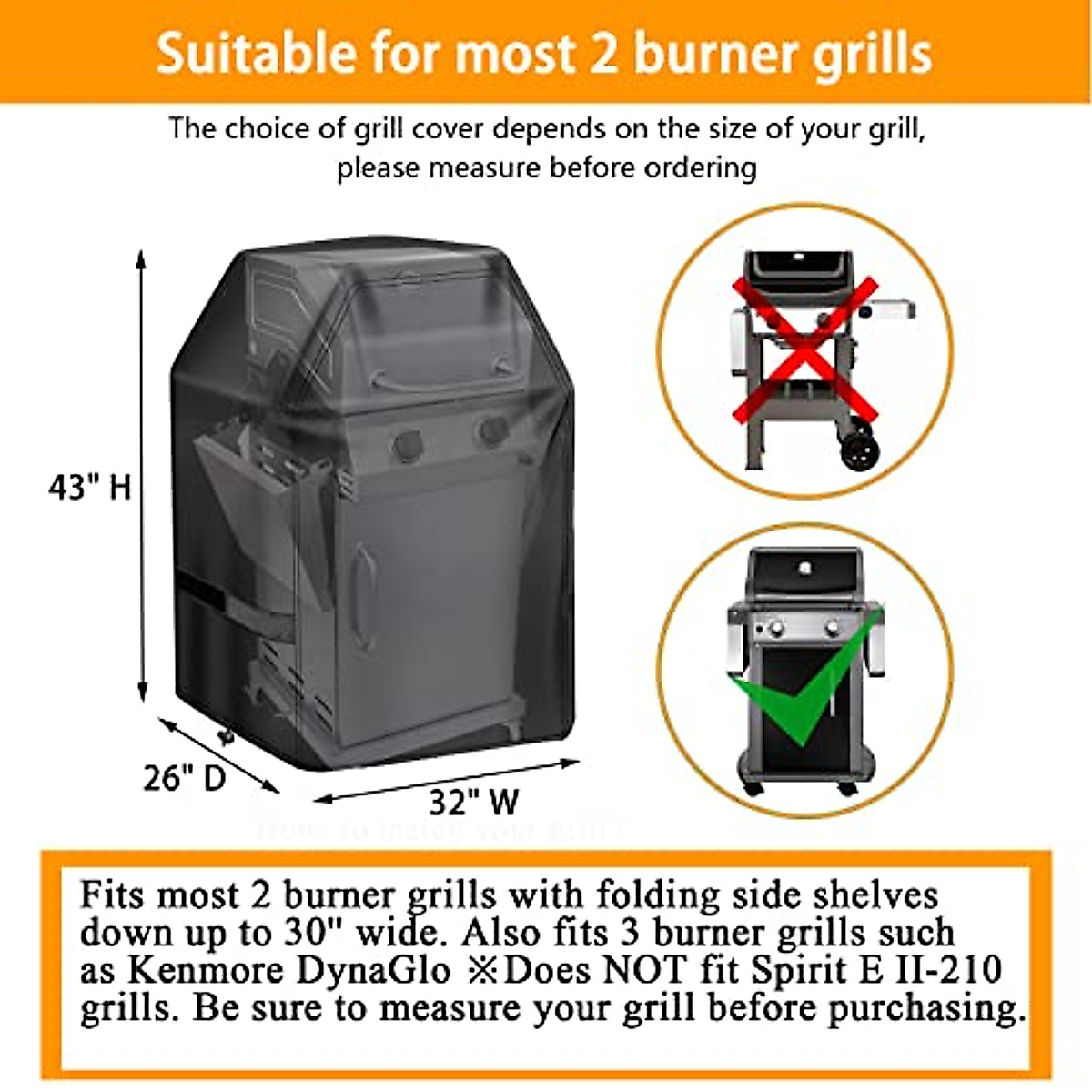 Aoretic Grill Cover 32 inch Gas BBQ-Cover, Fit Most 2 Burner Grill Waterproof Small Barbeque Cover with Velcro Straps & Adjustable Drawstring for Weber,Nexgrill,Char-Broil, Monument,Dyna-Glo,Kenmore