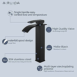 Airuida Vessel Sink Faucet Matte Black, Tall Waterfall Bathroom Faucet, Single Handle One Hole Mixer Bowl Tap with Large Rectangular Spout, Bar Sink Faucet Lavatory Vanity